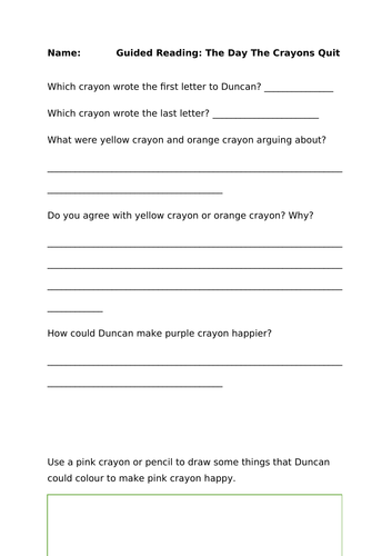 The Day The Crayons Quit guided reading/comprehension questions KS1 ...