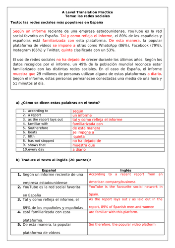 Spanish A Level Redes Sociales: translations on social media use in ...