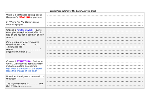 Pope 'Who's For The Game?' Writing Frame | Teaching Resources