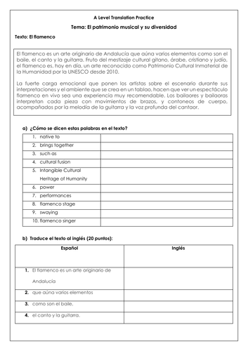 Spanish A Level Flamenco: translations on el flamenco y el patrimonio ...