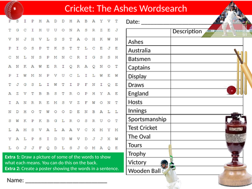 Cricket The Ashes Wordsearch Sheet Starter Activity Keywords Cover PE ...