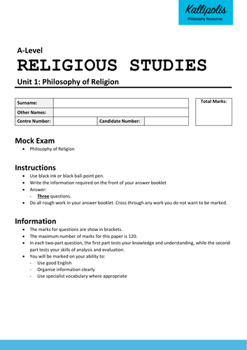 OCR KS5 Units 1 & 2: Religious Studies Mock Exams | Teaching Resources