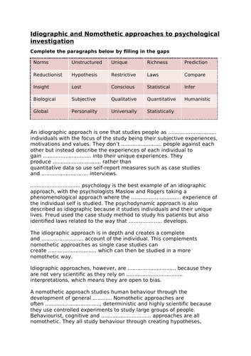 AQA A-Level Psychology Idiographic & Nomothetic | Teaching Resources