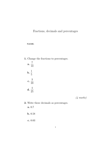 Fractions, decimals and percentages test (with solutions) | Teaching ...