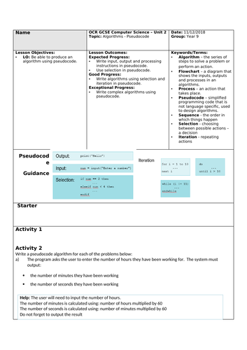 Computer Science: Be able to produce an algorithm using pseudocode ...