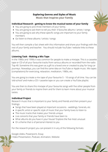 Listening and project work - Music that Inspires your Family | Teaching ...
