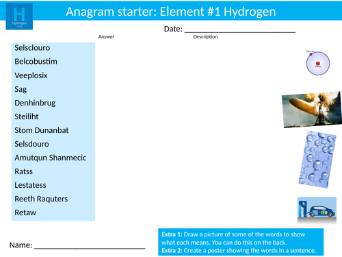 Hydrogen Anagrams Starter Settler Activity Homework Cover Lesson ...