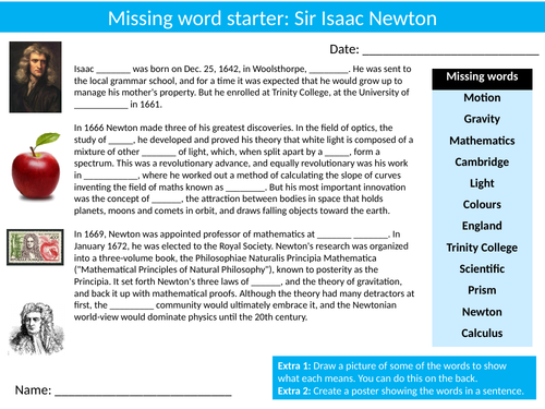 Isaac Newton Wordsearch Sheet Starter Activity Keywords Cover Physics ...
