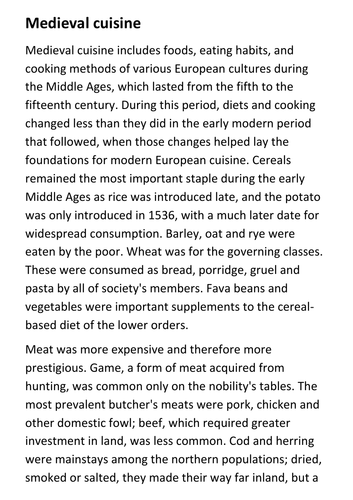 Medieval Food Handout | Teaching Resources