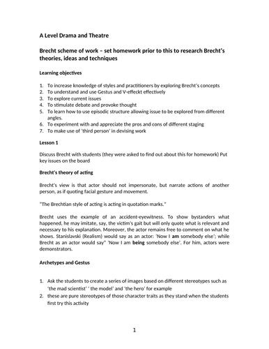 A Level Drama and Theatre Scheme of Work - Brecht | Teaching Resources