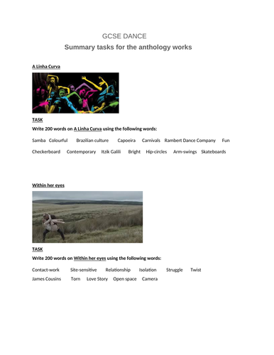 GCSE Dance summary tasks for the anthology works | Teaching Resources