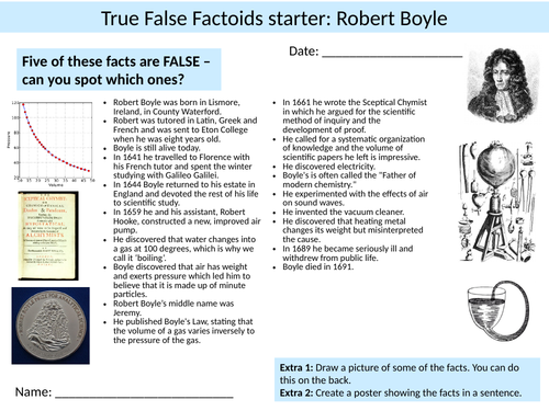 Robert Boyle True of False Worksheet Starter Activity Keywords Cover ...
