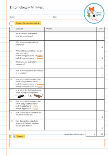Entomology - Mini-test (KS5) | Teaching Resources