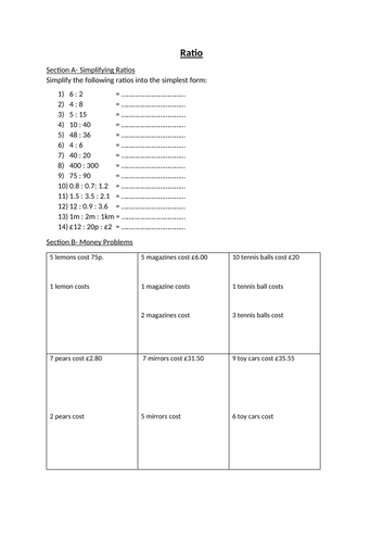 Ratio and Proportion Revision Booklet (inc solutions) | Teaching Resources