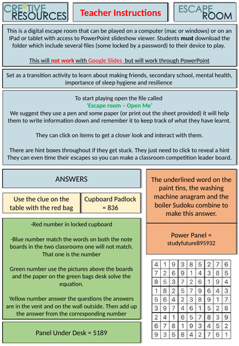 Year 7 Transition Escape Room | Teaching Resources