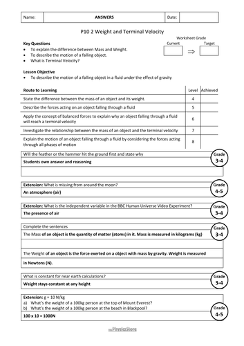 KS4 GCSE Physics AQA P10 2 Weight and Terminal Velocity Lesson Bundle | Teaching Resources