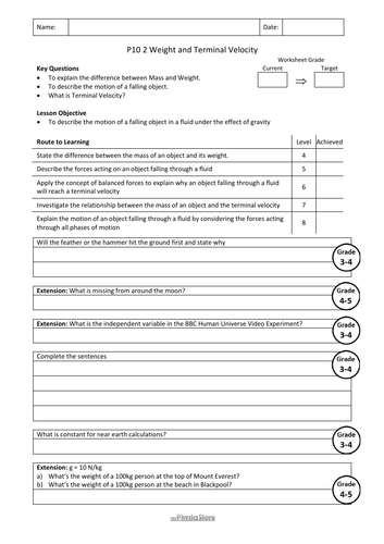 KS4 GCSE Physics AQA P10 2 Weight and Terminal Velocity Lesson Bundle ...
