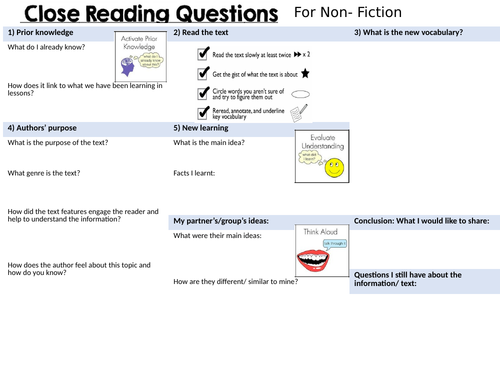 Literacy Non fiction close reading support sheet | Teaching Resources