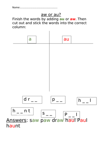 'au' and 'aw' Phonics Powerpoint and Worksheet | Teaching Resources