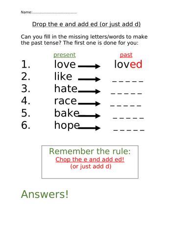 Spellings Drop the e add -ed Past Tense (or just add d) | Teaching ...