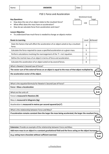 KS4 GCSE Physics AQA P10 Forces in Action - All 30 WS and 18 MS Only ...