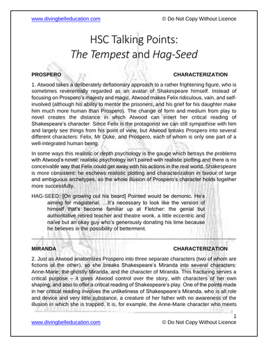Talking Points HSC Advanced Mod A: Tempest and Hag-Seed | Teaching ...