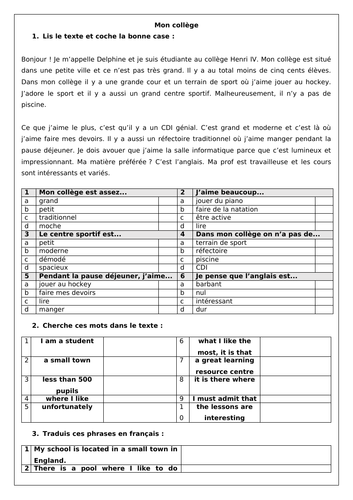 French Mon collège / école: my school - 7 Worksheets for GCSE ...