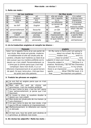 French Mon collège / école: my school - 7 Worksheets for GCSE ...
