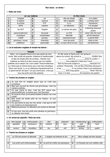 French Mon collège / école: my school - 7 Worksheets for GCSE ...