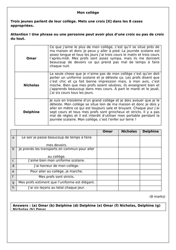 French Mon collège / école: my school - 7 Worksheets for GCSE ...