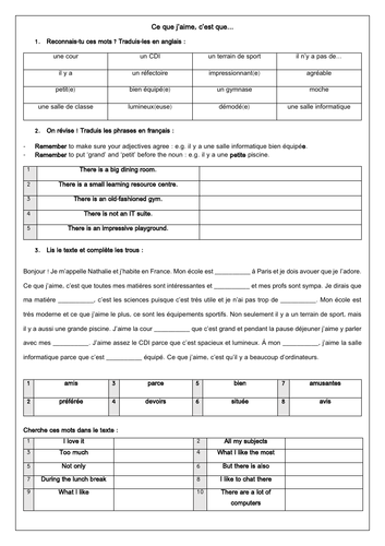 French Mon collège / école: my school - 7 Worksheets for GCSE ...