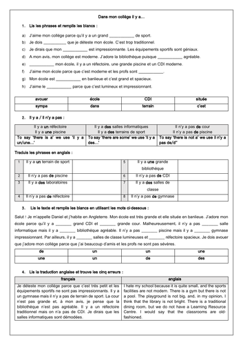 French Mon collège / école: my school - 7 Worksheets for GCSE ...