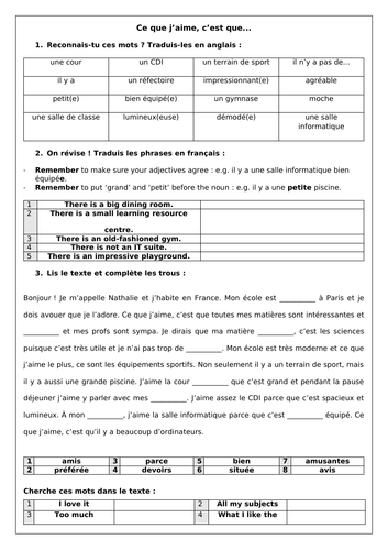 French Mon collège / école: my school - 7 Worksheets for GCSE ...