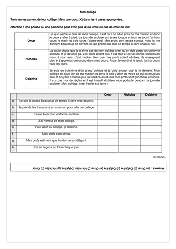 French Mon collège / école: my school - 7 Worksheets for GCSE ...