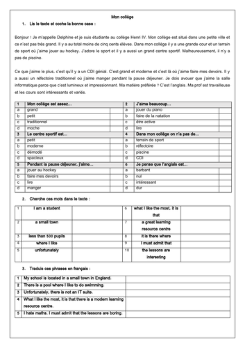 French Mon collège / école: my school - 7 Worksheets for GCSE ...
