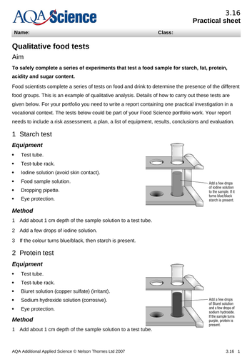 AQA Biology Diet and Food Test (2020 version with practical resources ...