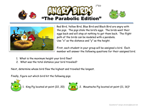 Angry Birds: Quadratics Project | Teaching Resources