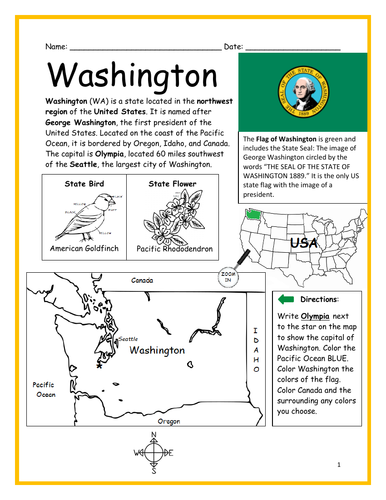 WASHINGTON (state) Introductory Geography Worksheet | Teaching Resources