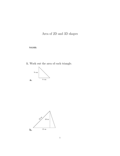 Area of 2D and 3D shapes Test (with solutions) | Teaching Resources