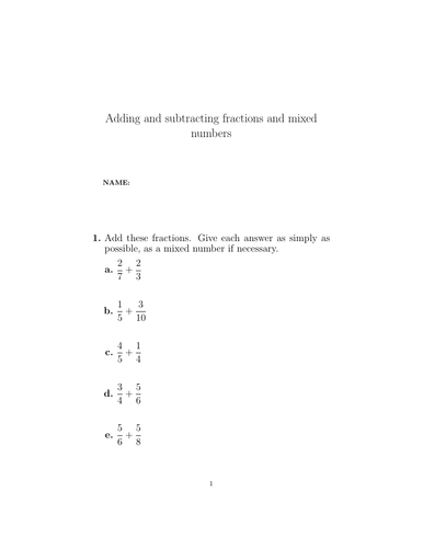 Adding and subtracting fractions and mixed numbers Test (with solutions ...