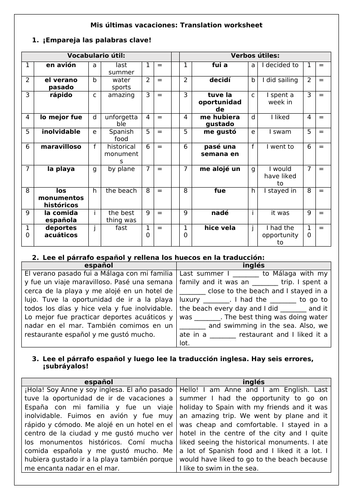 Spanish GCSE Mis últimas vacaciones: Holidays & Past Tense Translation ...
