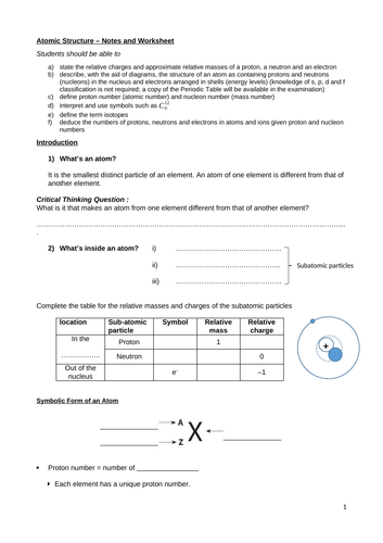 Atomic Structure Notes & Worksheet with Answers | Teaching Resources