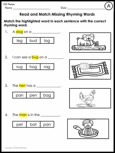 CVC Read Write Sentences Missing Rhyme Words Worksheets Blend to Read ...