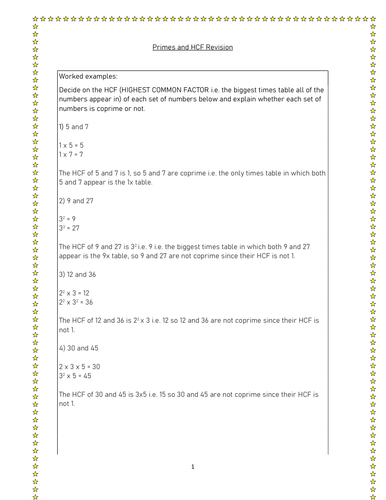 Prime numbers and HCF worksheet | Teaching Resources