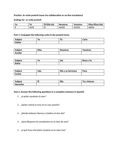 Practice regular -ar verbs preterit | Teaching Resources