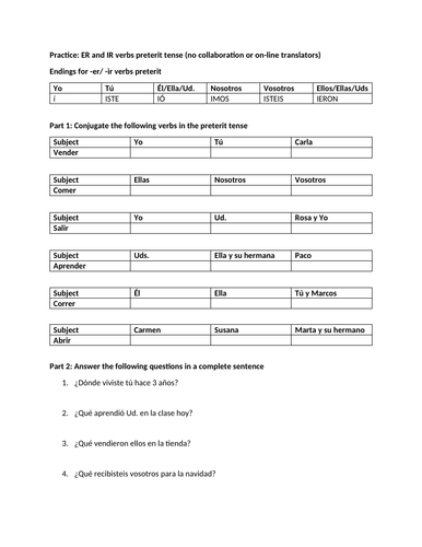 Practice regular -er and -ir verbs preterit | Teaching Resources