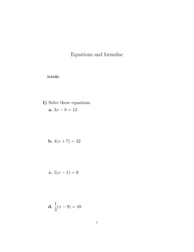 Equations and formulae (elementary) Test (with solutions) | Teaching ...