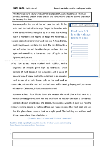 P1 workbook 1-Brick Lane, by Monica Ali | Teaching Resources