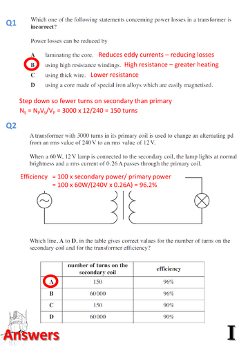 Transformers multiple choice & solutions AQA A-level Physics | Teaching ... Transformers multiple choice & solutions AQA A-level Physics | Teaching ...