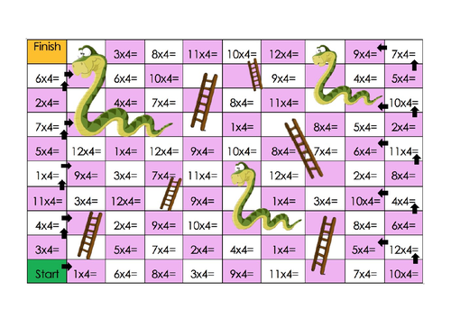 Snakes and ladders 4 times tables challenge | Teaching Resources